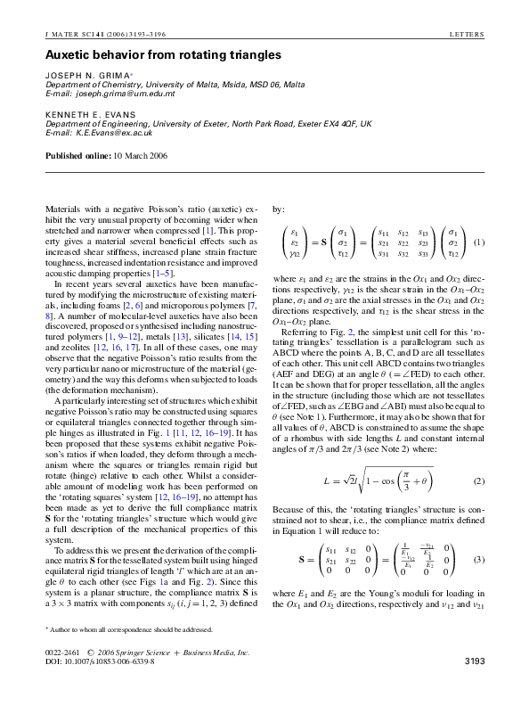 (PDF) Auxetic behavior from rotating triangles