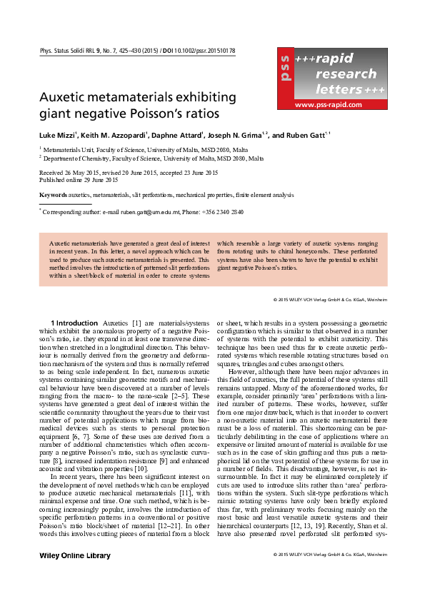 (PDF) Auxetic metamaterials exhibiting giant negative Poisson's ratios