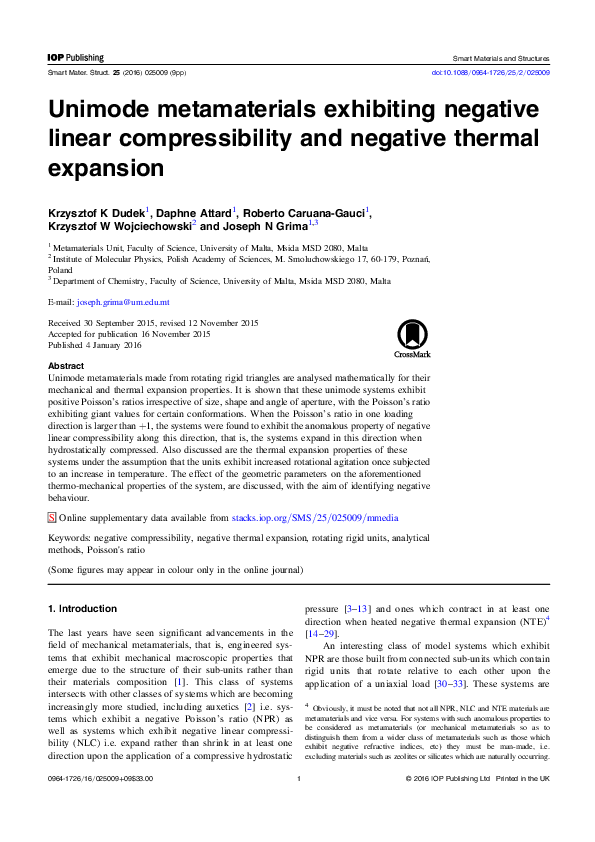 (PDF) Unimode metamaterials exhibiting negative linear compressibility and negative thermal ...