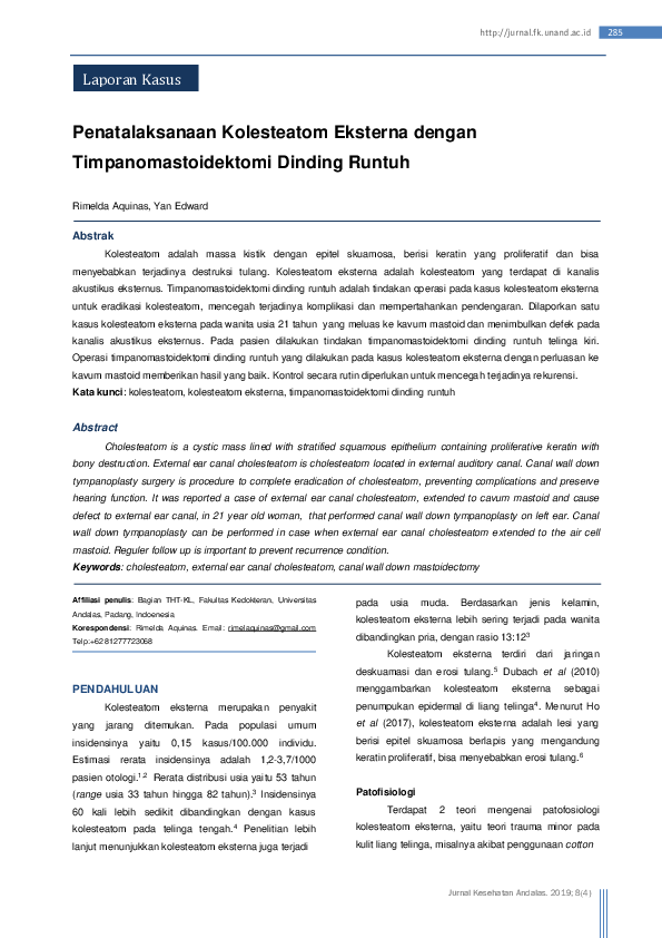 (PDF) Penatalaksanaan Kolesteatom Eksterna dengan Timpanomastoidektomi ...
