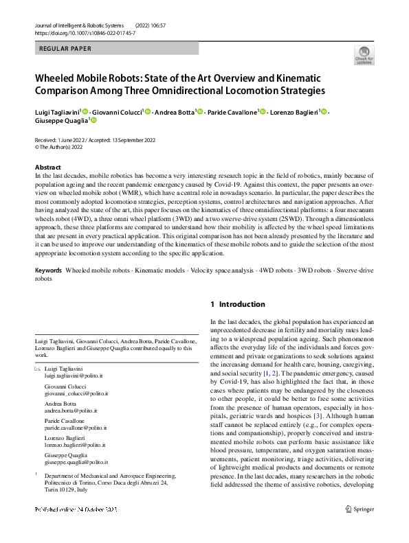Pdf Wheeled Mobile Robots State Of The Art Overview And Kinematic Comparison Among Three