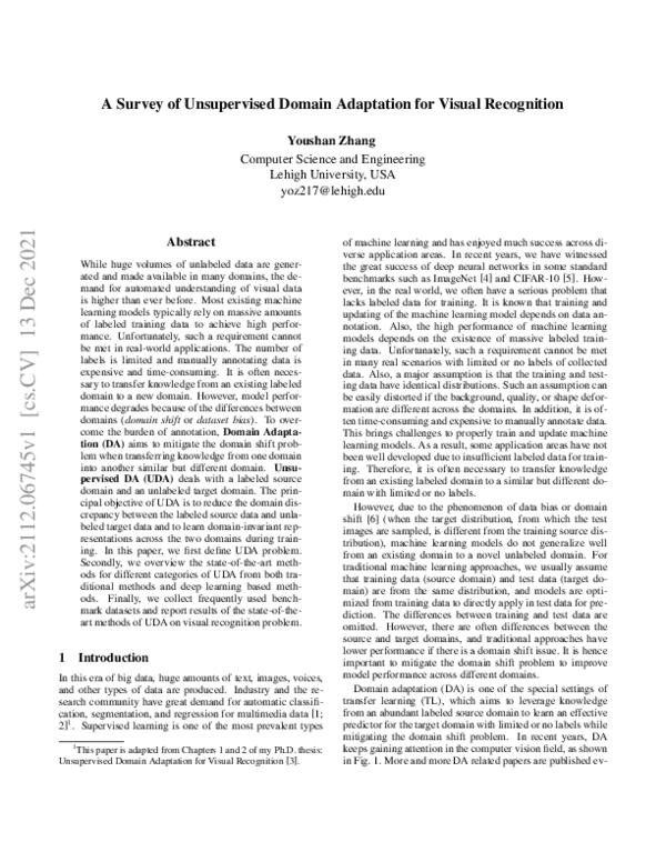 (PDF) A Survey of Unsupervised Domain Adaptation for Visual Recognition | Youshan Zhang ...