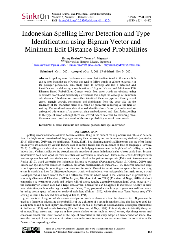 Pdf Indonesian Spelling Error Detection And Type Identification Using