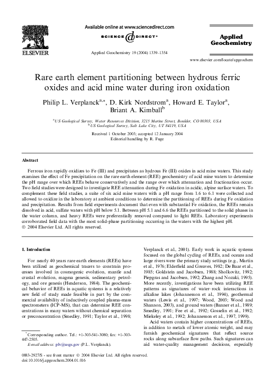 (PDF) Rare earth element partitioning between hydrous ferric oxides and acid mine water during ...