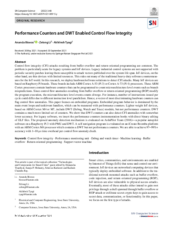 (PDF) Performance Counters and DWT Enabled Control Flow Integrity | Ananda biswas - Academia.edu