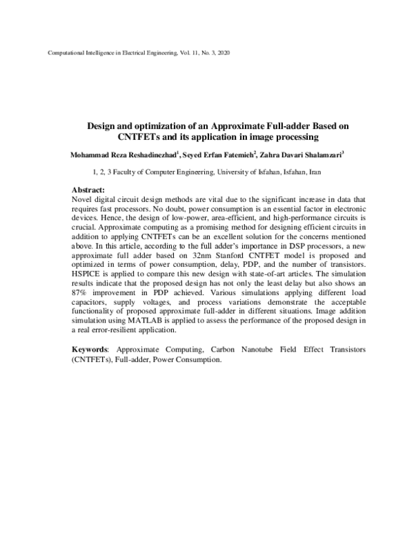 (PDF) Design and optimization of an Approximate Full-adder Based on CNTFETs and its application ...