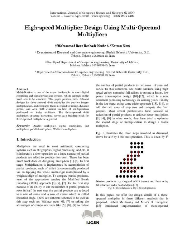 (PDF) High-speed Multiplier Design Using Multi-Operand Multipliers