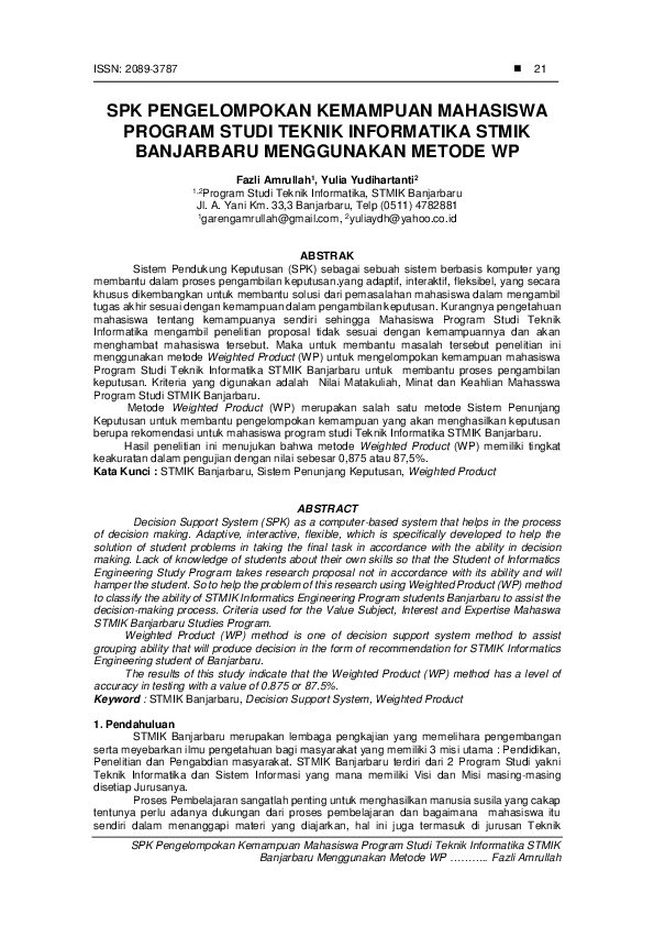 (PDF) SPK Pengelompokan Kemampuan Mahasiswa Program Studi Teknik ...