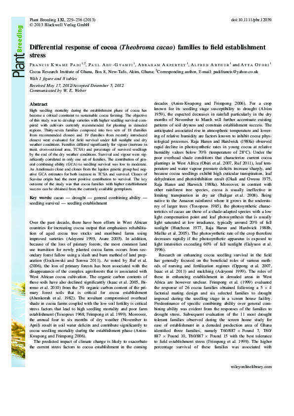 (PDF) Differential response of cocoa (Theobroma cacao) families to field establishment stress