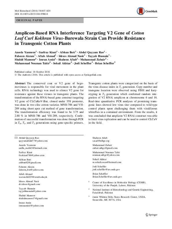 (PDF) Amplicon-Based RNA Interference Targeting V2 Gene of Cotton Leaf ...