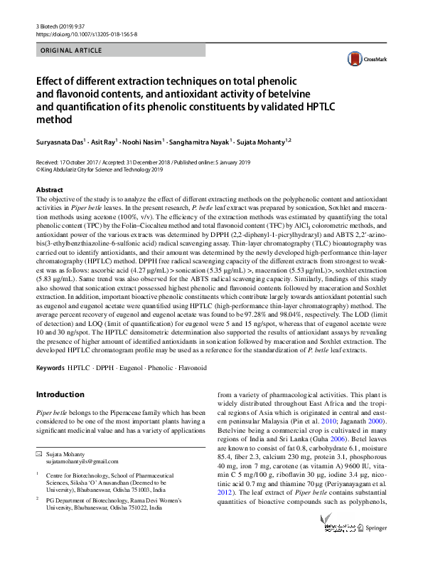 Pdf Effect Of Different Extraction Techniques On Total Phenolic And
