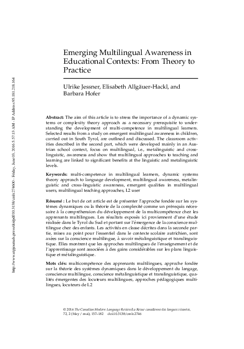 (PDF) Emerging Multilingual Awareness in Educational Contexts: From Theory to Practice