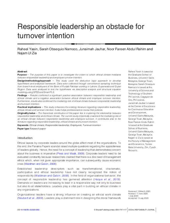 (PDF) Responsible leadership an obstacle for turnover intention
