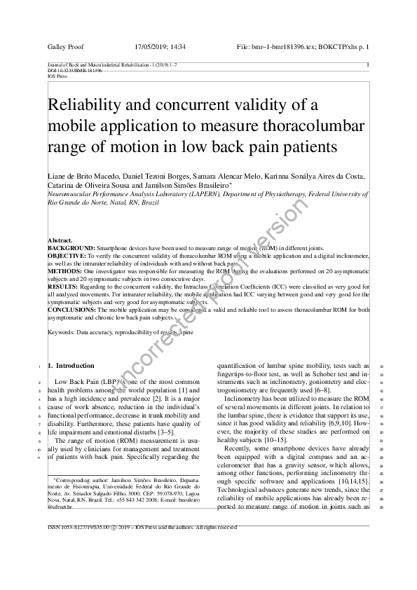 (PDF) Reliability and concurrent validity of a mobile application to measure thoracolumbar range ...