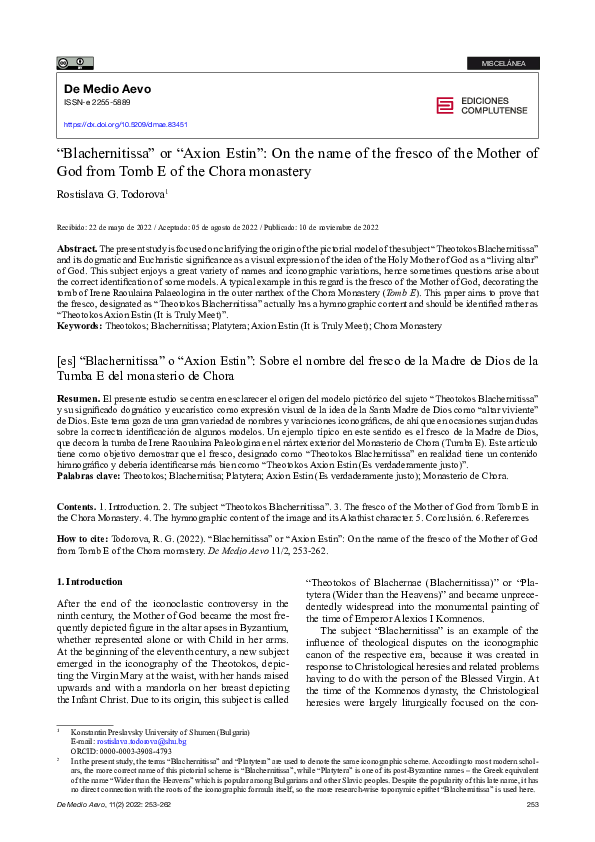 (PDF) "Blachernitissa" or "Axion Estin": On the name of the fresco of ...