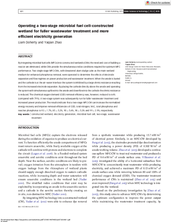 (PDF) Operating a two-stage microbial fuel cell–constructed wetland for fuller wastewater ...