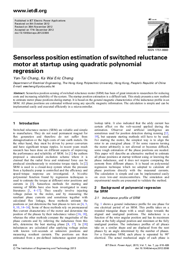 Pdf Sensorless Position Estimation Of Switched Reluctance Motor At Startup Using Quadratic