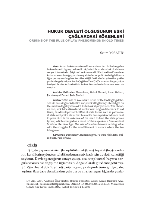 (PDF) HUKUK DEVLETİ OLGUSUNUN ESKİ ÇAĞLARDAKİ KÖKENLERİ ORIGINS OF THE ...