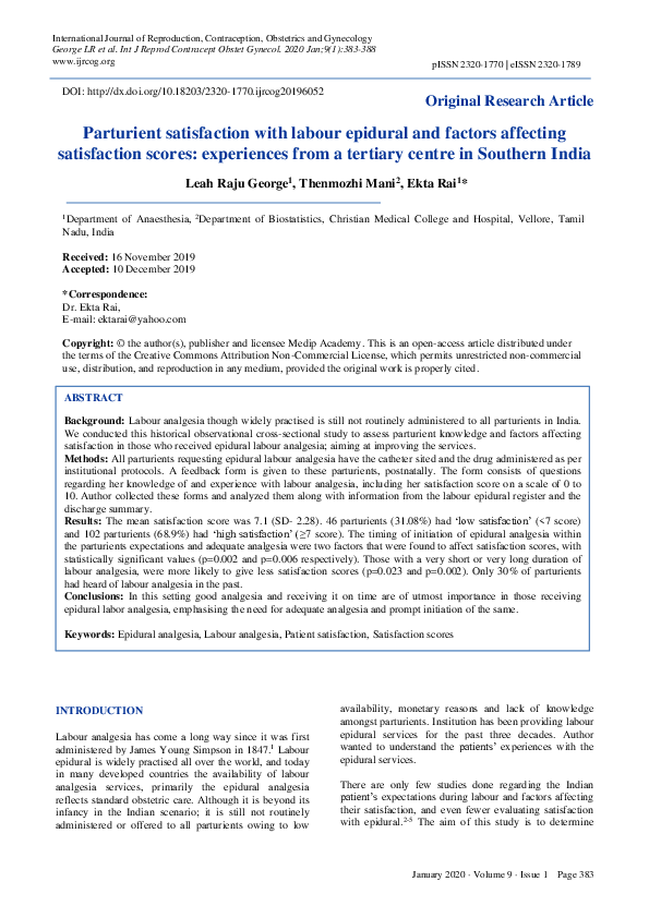 (PDF) Parturient satisfaction with labour epidural and factors ...