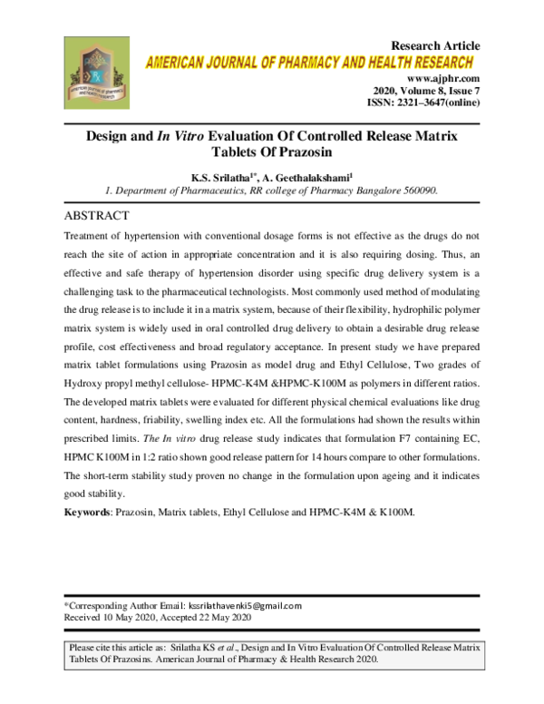 Pdf Design And In Vitro Evaluation Of Controlled Release Matrix Tablets Of Prazosin