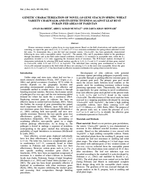 (PDF) Genetic Characterization of Novel LR Gene Stack in Spring Wheat ...