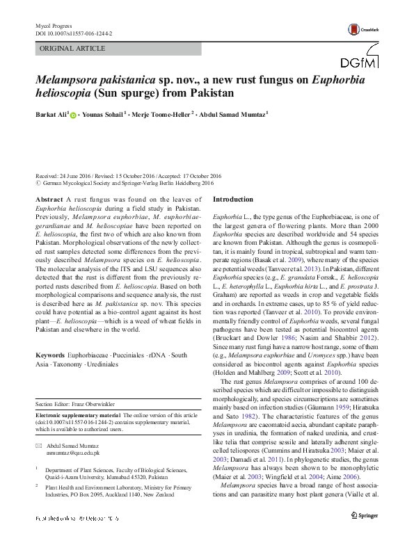 (PDF) Melampsora pakistanica sp. nov., a new rust fungus on Euphorbia ...