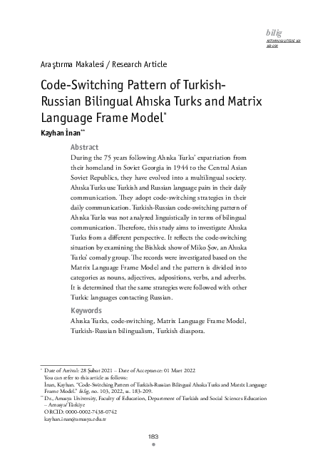 (PDF) Code-Switching Pattern of Turkish-Russian Bilingual Ahıska Turks and Matrix Language Frame ...