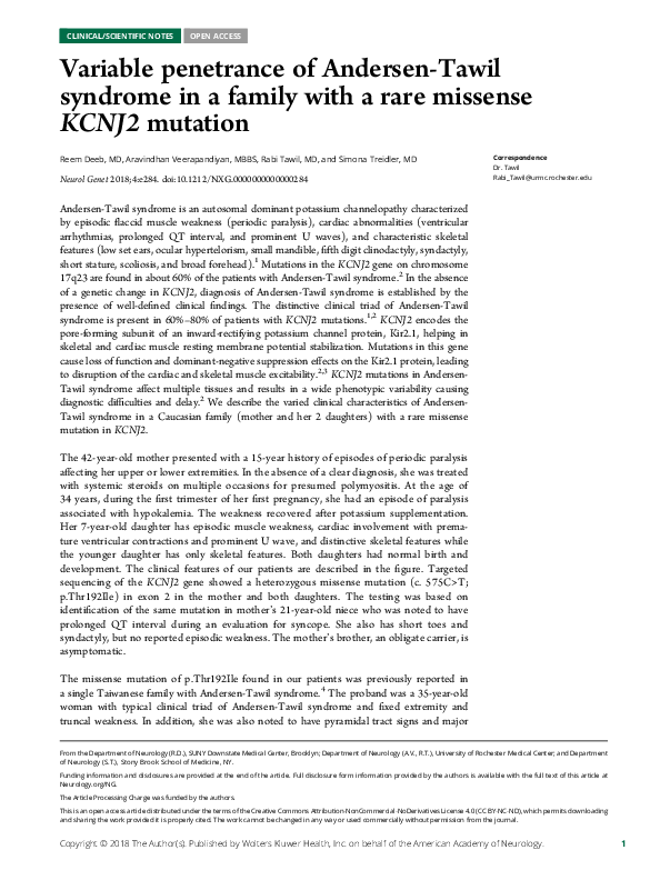 (PDF) Variable penetrance of Andersen-Tawil syndrome in a family with a ...