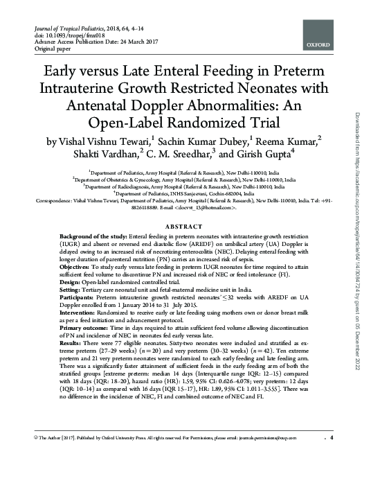 (PDF) Early versus Late Enteral Feeding in Preterm Intrauterine Growth ...