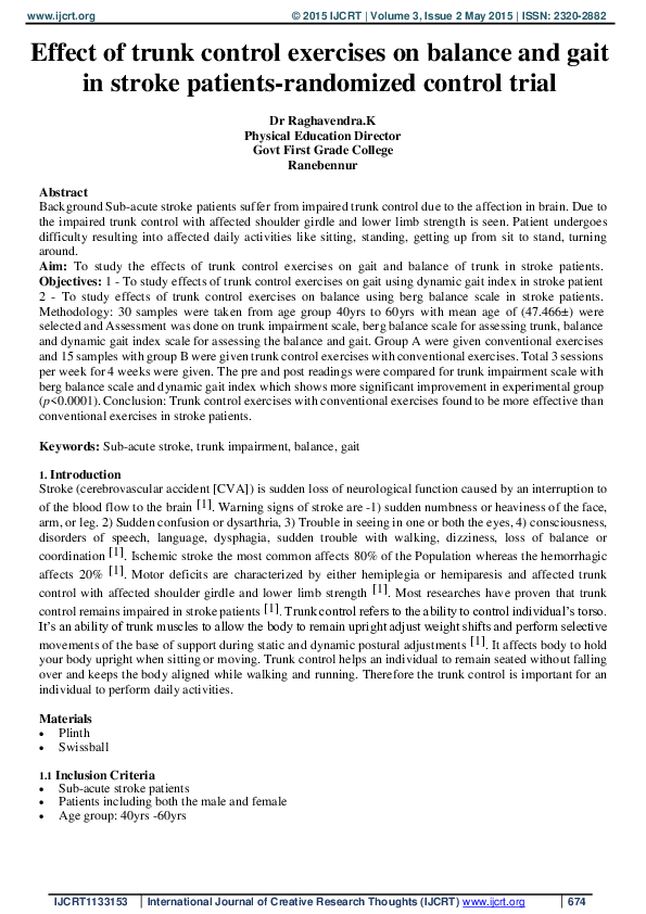 (PDF) Effect of trunk control exercises on balance and gait in stroke patients-randomized ...