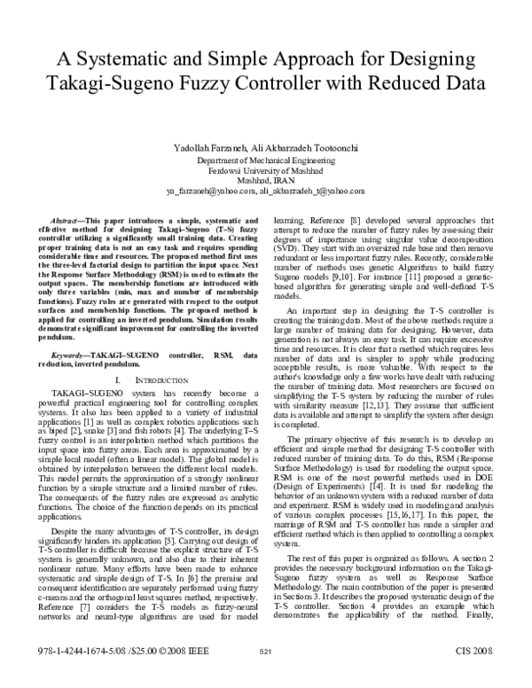 Pdf A Systematic And Simple Approach For Designing Takagi Sugeno