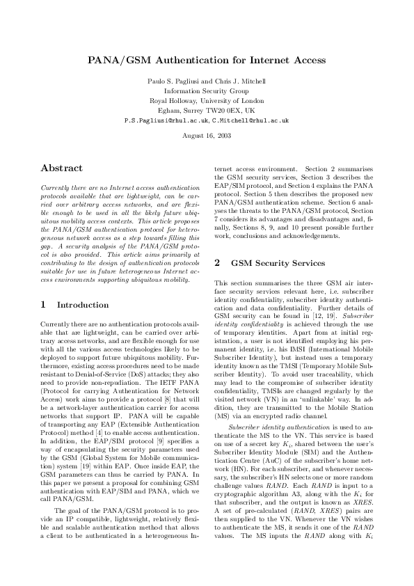 (PDF) PANA/GSM authentication for Internet access