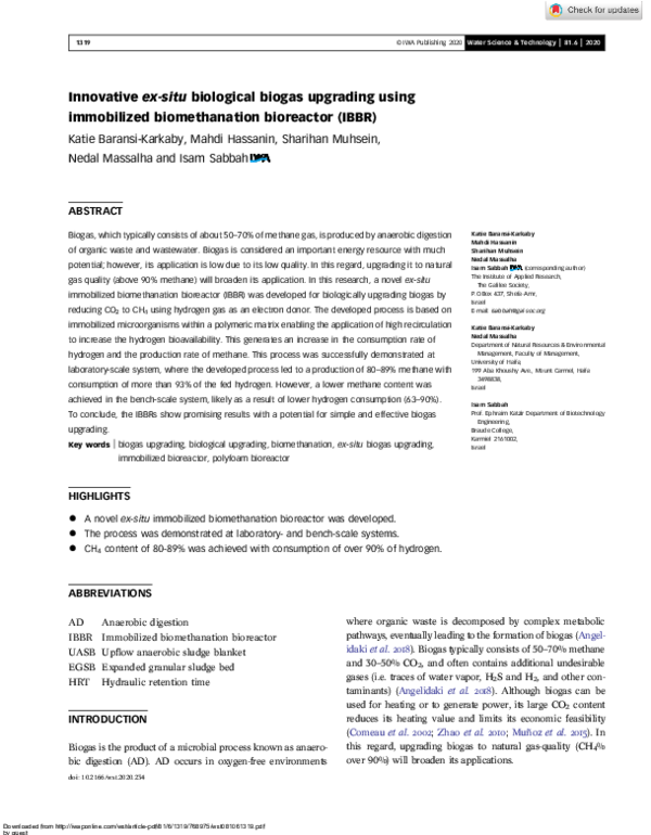 (PDF) Innovative ex-situ biological biogas upgrading using immobilized ...