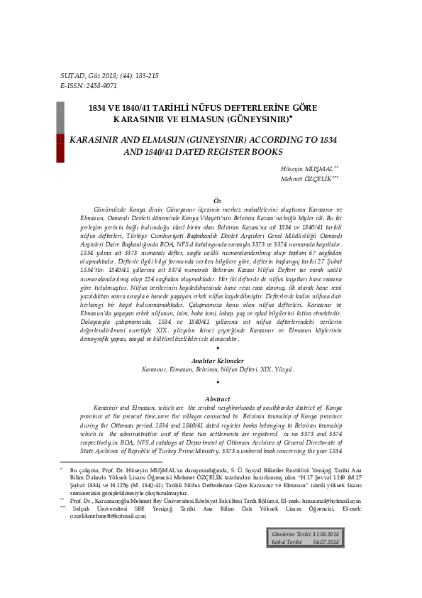 (PDF) 1834 Ve 1840/41 Tari̇hli̇ Nüfus Defterleri̇ne Göre Karasinir Ve Elmasun (Güneysinir)
