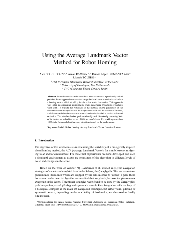 (PDF) Using the average landmark vector method for robot homing | Ramon Lopez De Mantaras ...