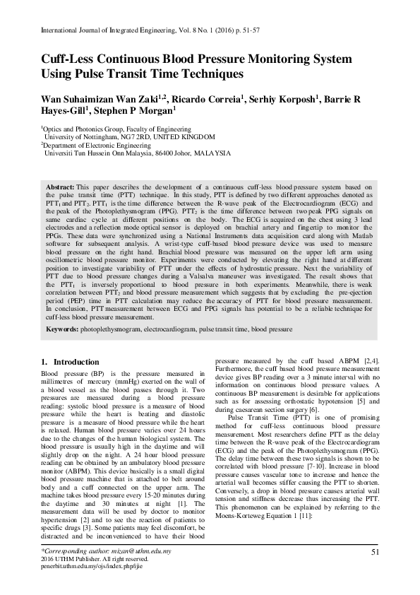 (PDF) Cuff-Less Continuous Blood Pressure Monitoring System Using Pulse Transit Time Techniques