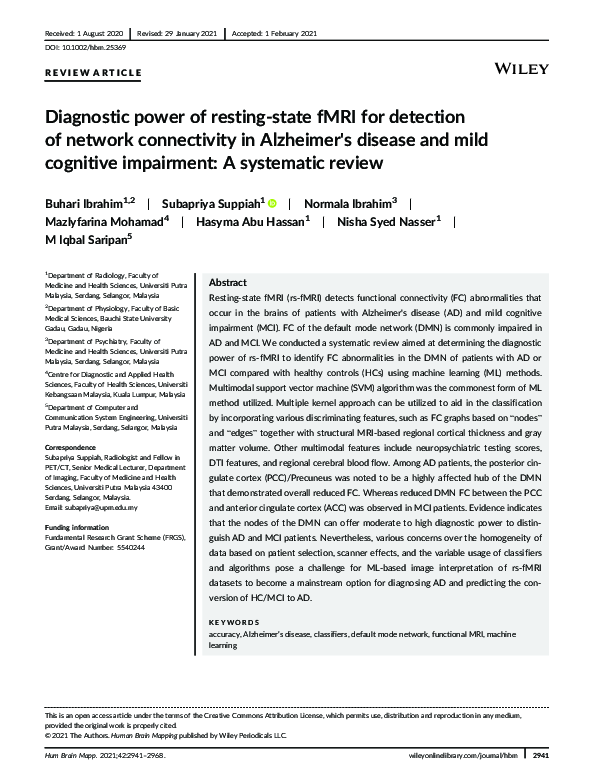 (PDF) Diagnostic power of resting‐state fMRI for detection of network connectivity in Alzheimer ...