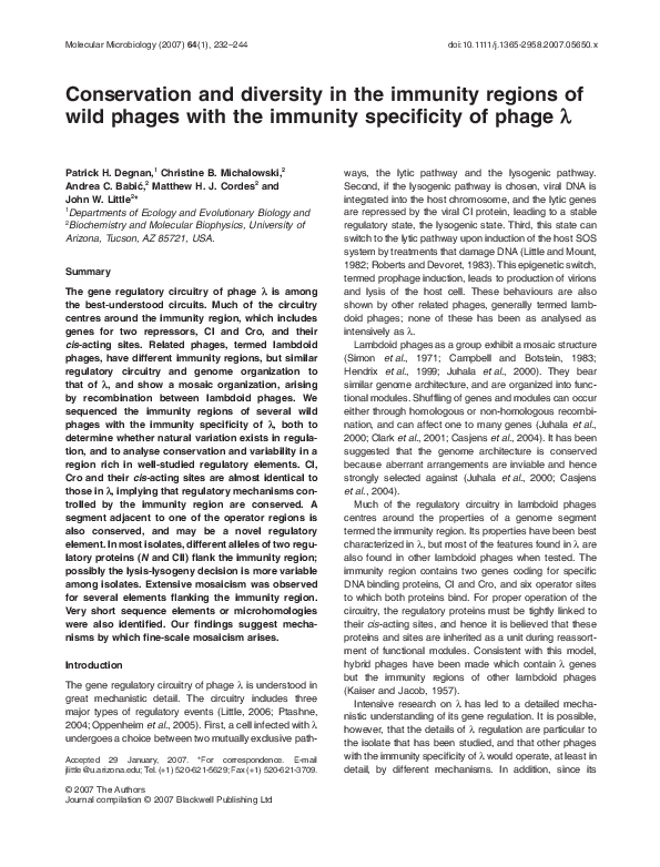 (PDF) Conservation and diversity in the immunity regions of wild phages ...