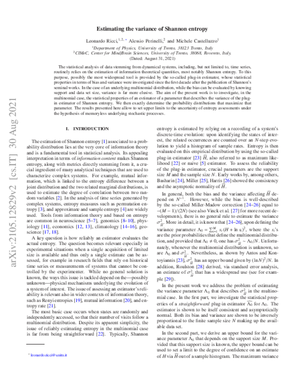 (PDF) Estimating the variance of Shannon entropy