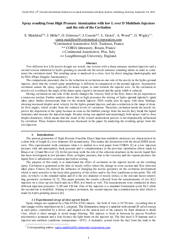 (PDF) Spray resulting from High Pressure Atomization with low L over D ...