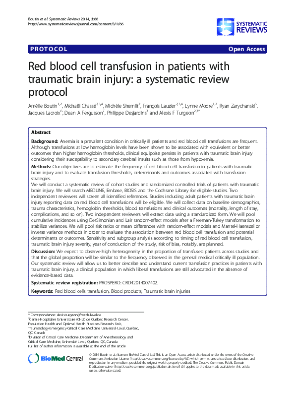 (PDF) Red blood cell transfusion in patients with traumatic brain injury: a systematic review ...