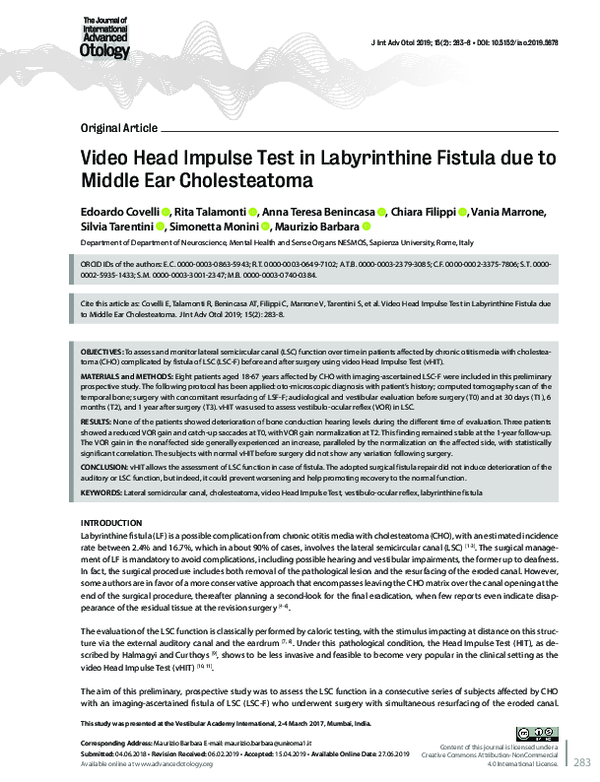 (PDF) Video Head Impulse Test in Labyrinthine Fistula due to Middle Ear ...