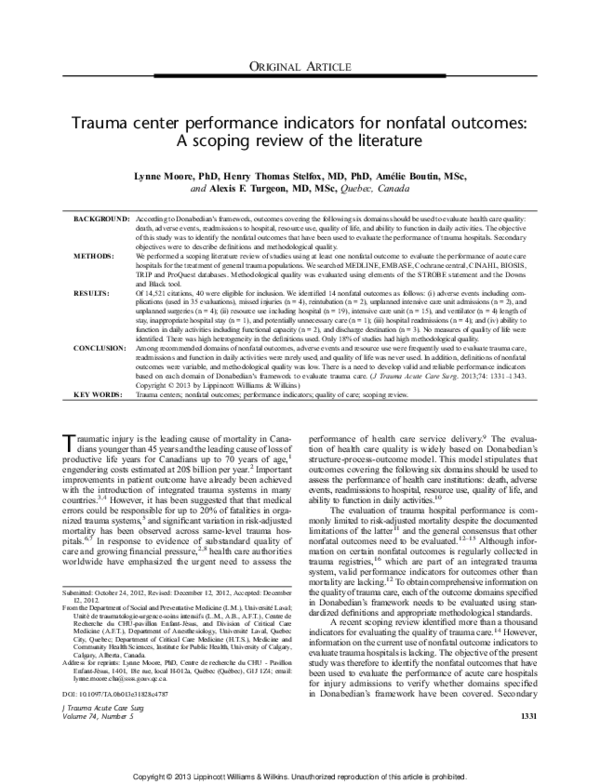 (PDF) Trauma center performance indicators for nonfatal outcomes