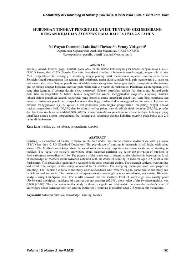 (PDF) Hubungan Tingkat Pengetahuan Ibu Tentang Gizi Seimbang Dengan Kejadian Stunting Pada ...