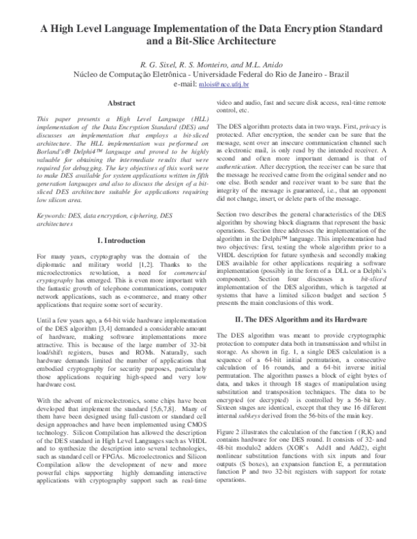 Pdf A High Level Language Implementation Of The Data Encryption Standard And A Bit Slice