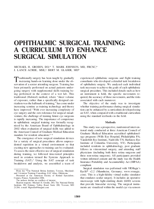 (PDF) Enhancing Ophthalmic Surgical Training Curriculum
