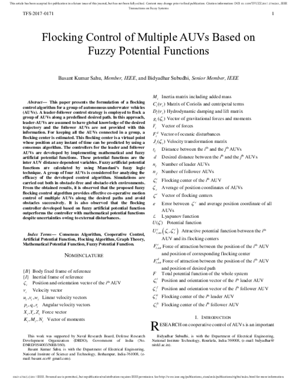 Pdf Flocking Control Of Multiple Auvs Based On Fuzzy Potential Functions