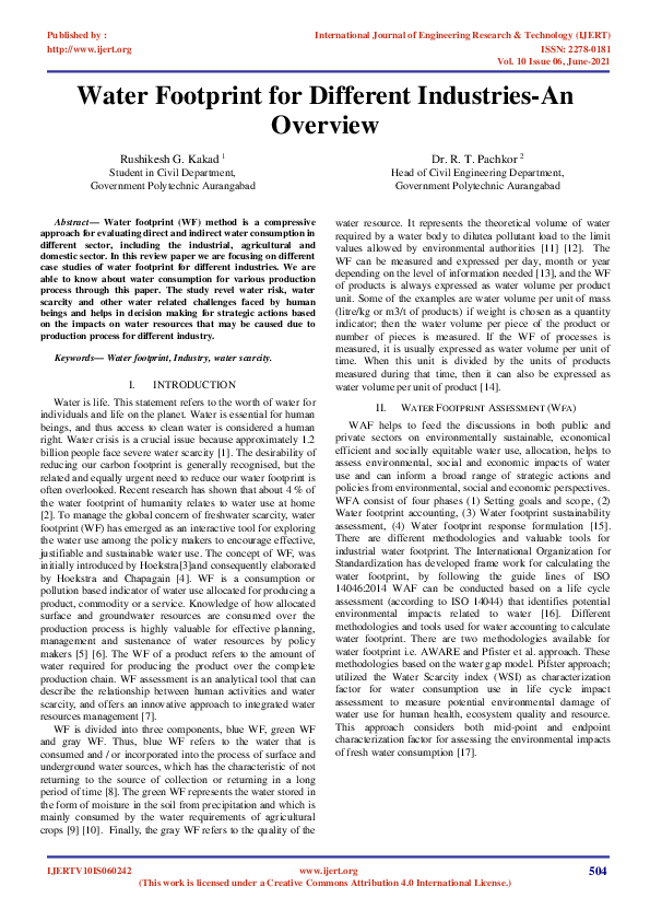 (PDF) Water Footprint for Different Industries-An Overview