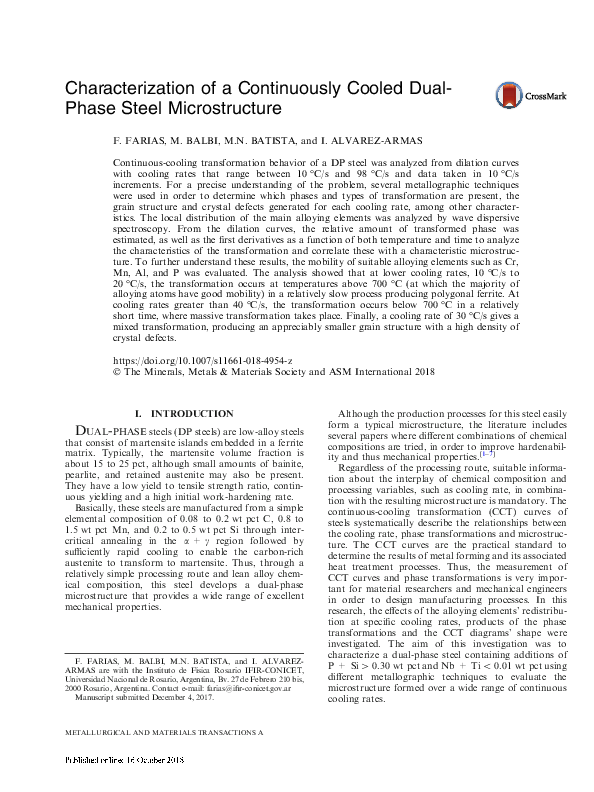 (PDF) Characterization of a Continuously Cooled Dual-Phase Steel Microstructure