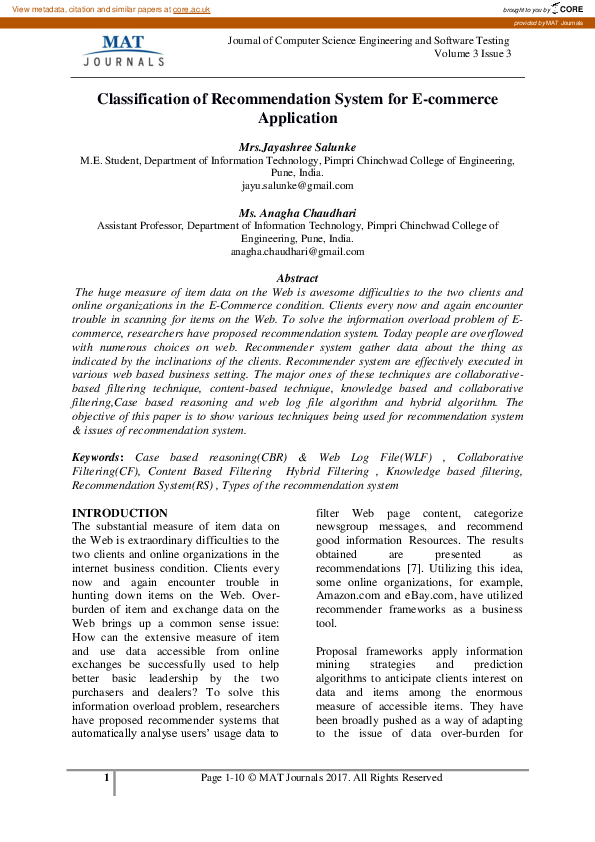 (PDF) Classification of Recommendation System for E-commerce Application